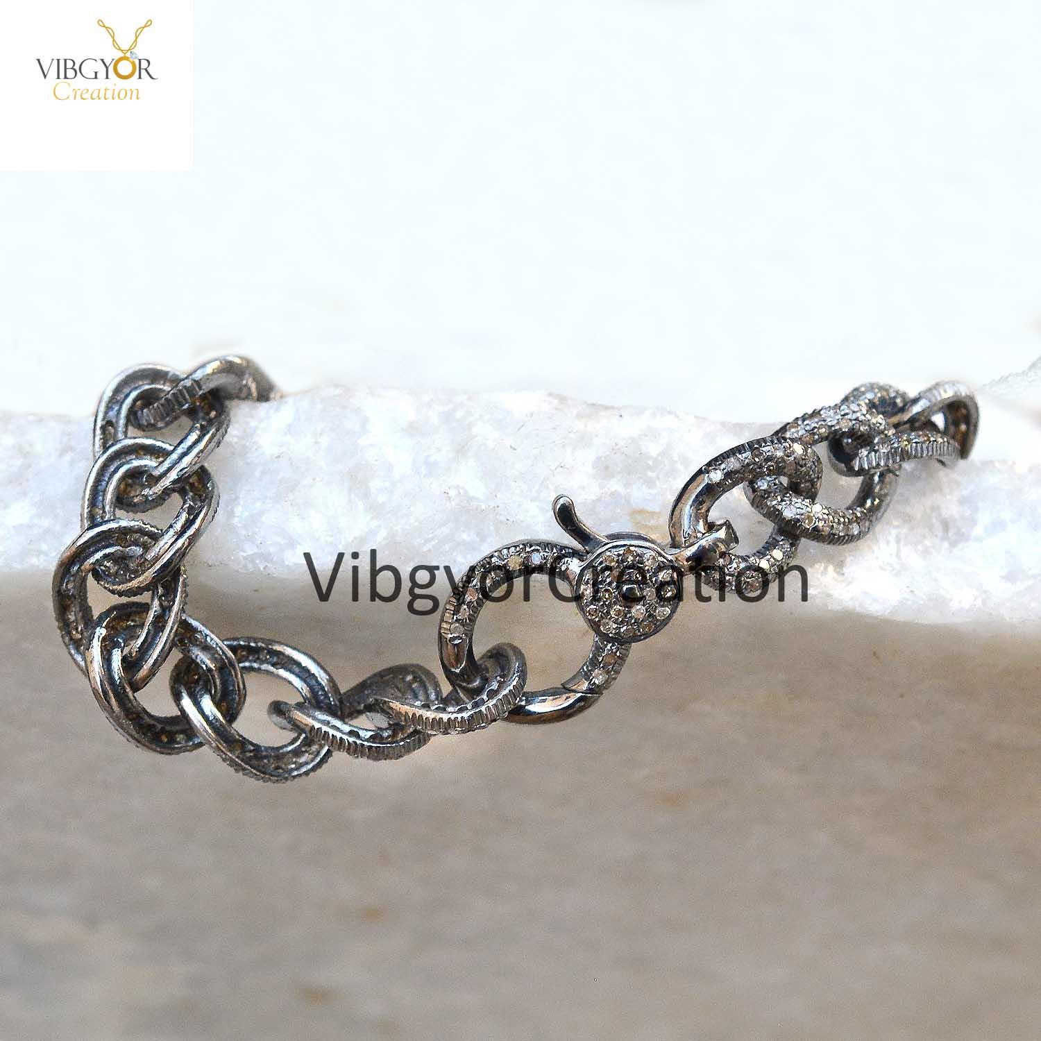 Diamond Link Chain Bracelet, Pave Clasp Lock Bracelet, 925 Silver ...